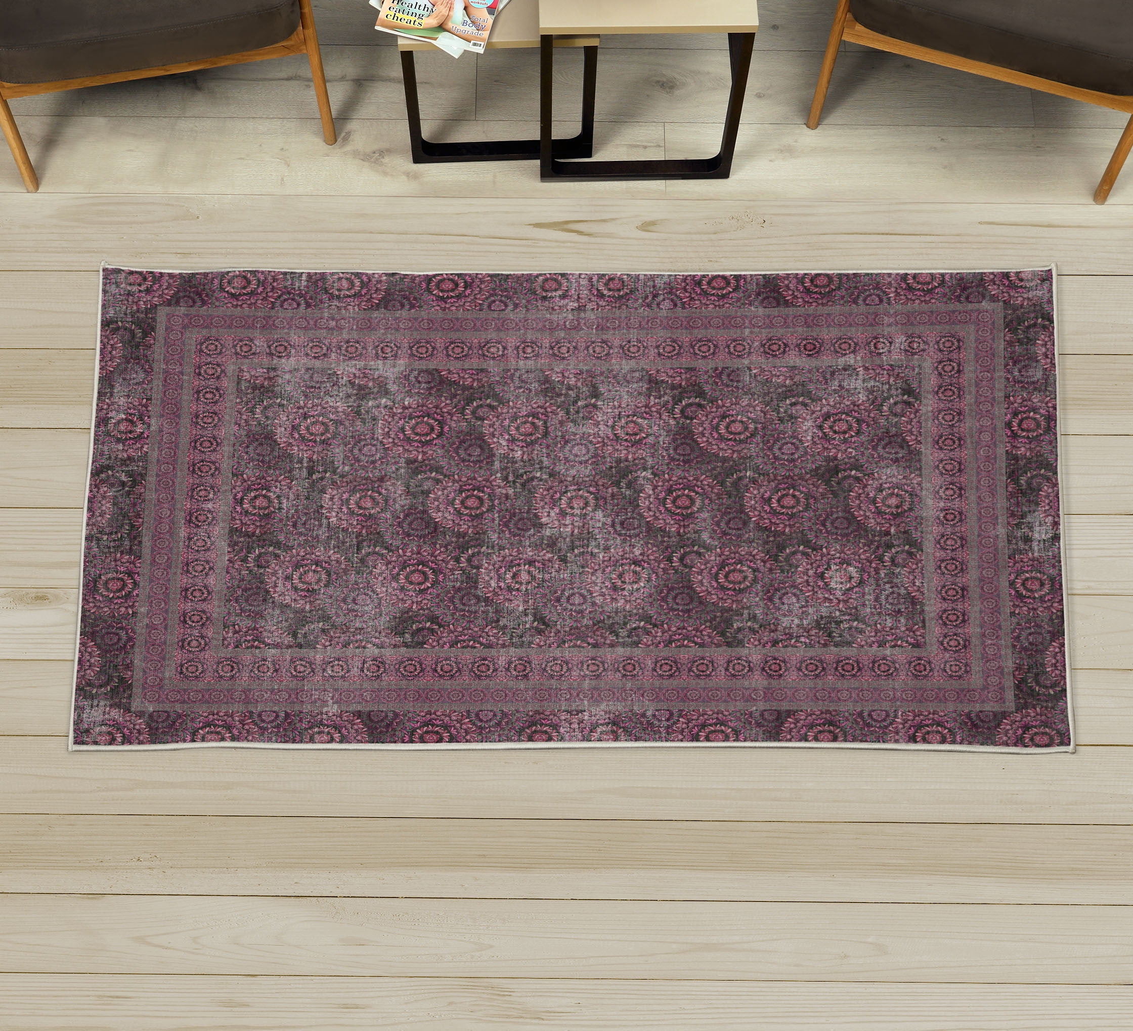 Bohemian Decorative Rug, Leafy Floral Details in Mandala Style Round ...
