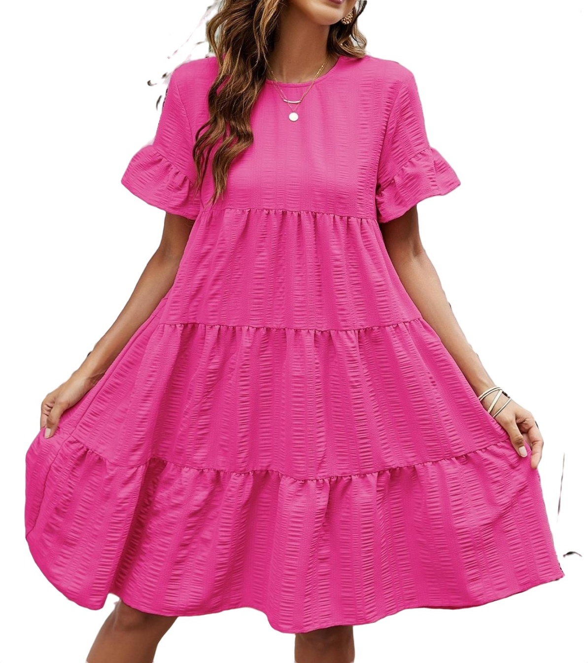 Womens Smock Dress Plain Tiered Layer Round Neck Hot Pink L - Walmart.com