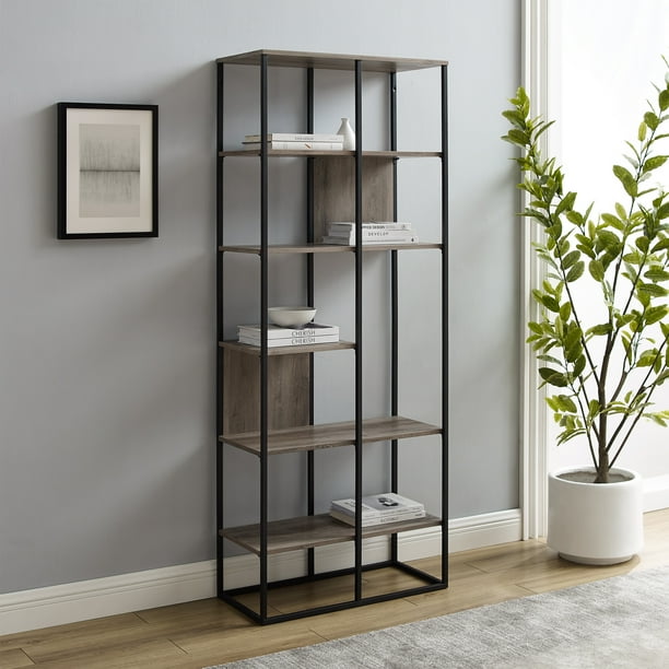 Manor Park Modern Industrial Asymmetric 5 Shelf Bookcase, Grey Wash ...