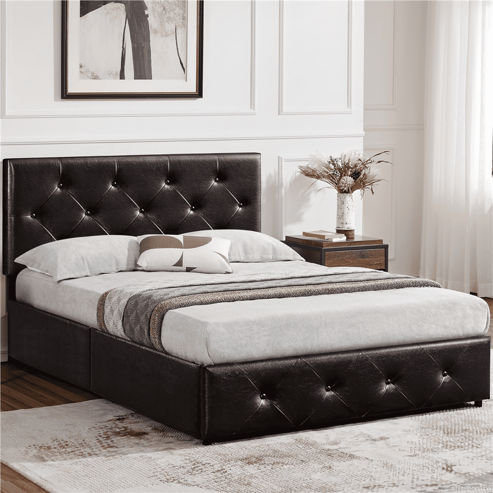 Topeakmart Full Size Upholstered Platform Bed Mattress Foundation with ...