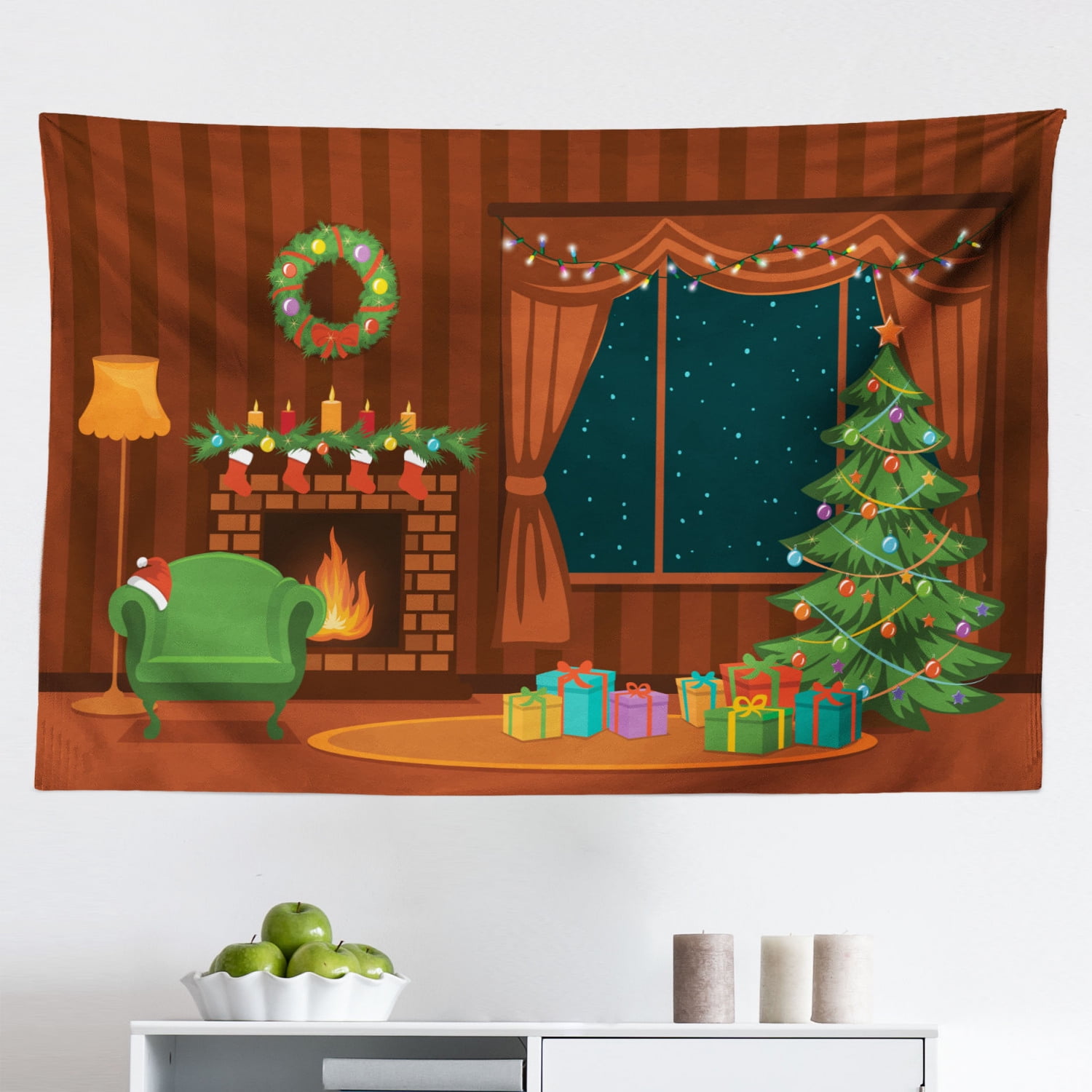 Fireplace Tapestry, Cartoonish Design Christmas Night at Home with Tree ...