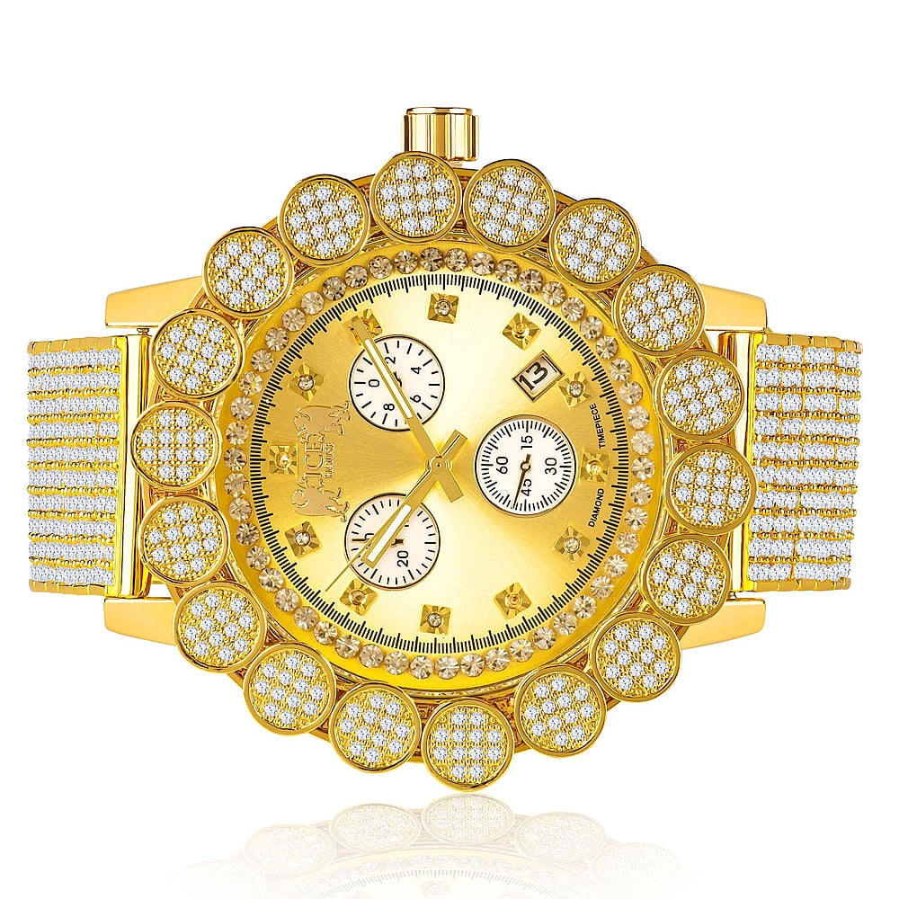 Men's Real Diamond Dial Khronos Watch 14K Yellow Gold Tone Big Face ...