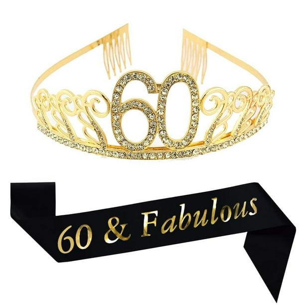Golden Glam Tiara and Sash Set for 60th Birthday Celebrations, Sparkling Rhinestone Crown and ...