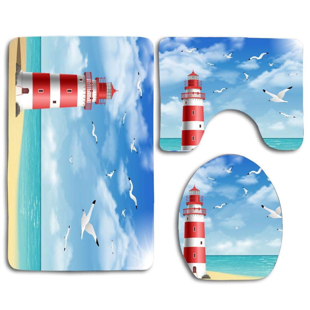 PUDMAD Lighthouse Beach 3 Piece Bathroom Rugs Set Bath Rug Contour Mat ...