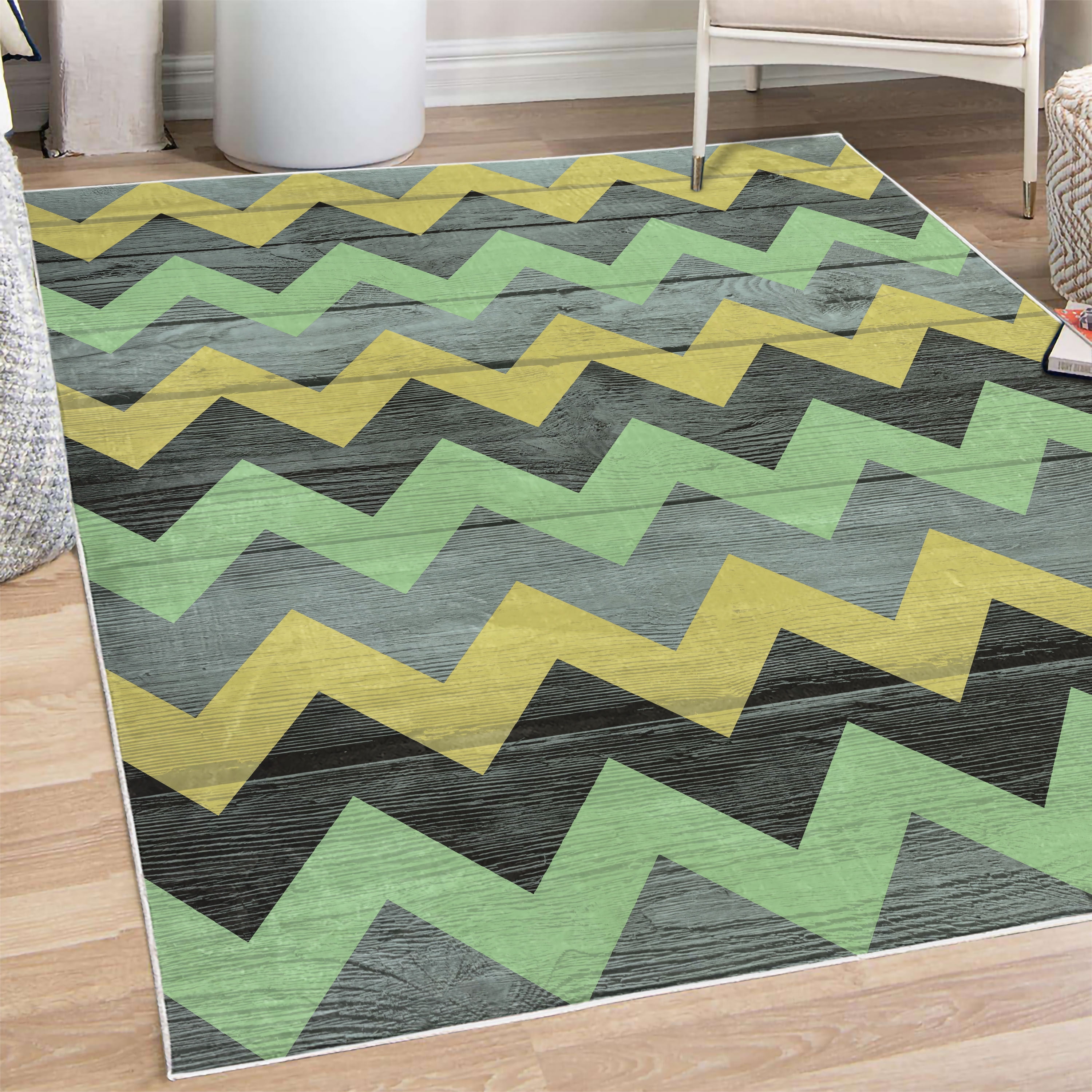 Chevron Decorative Rug, Zig Zag Lines Pattern on Wooden Looking ...