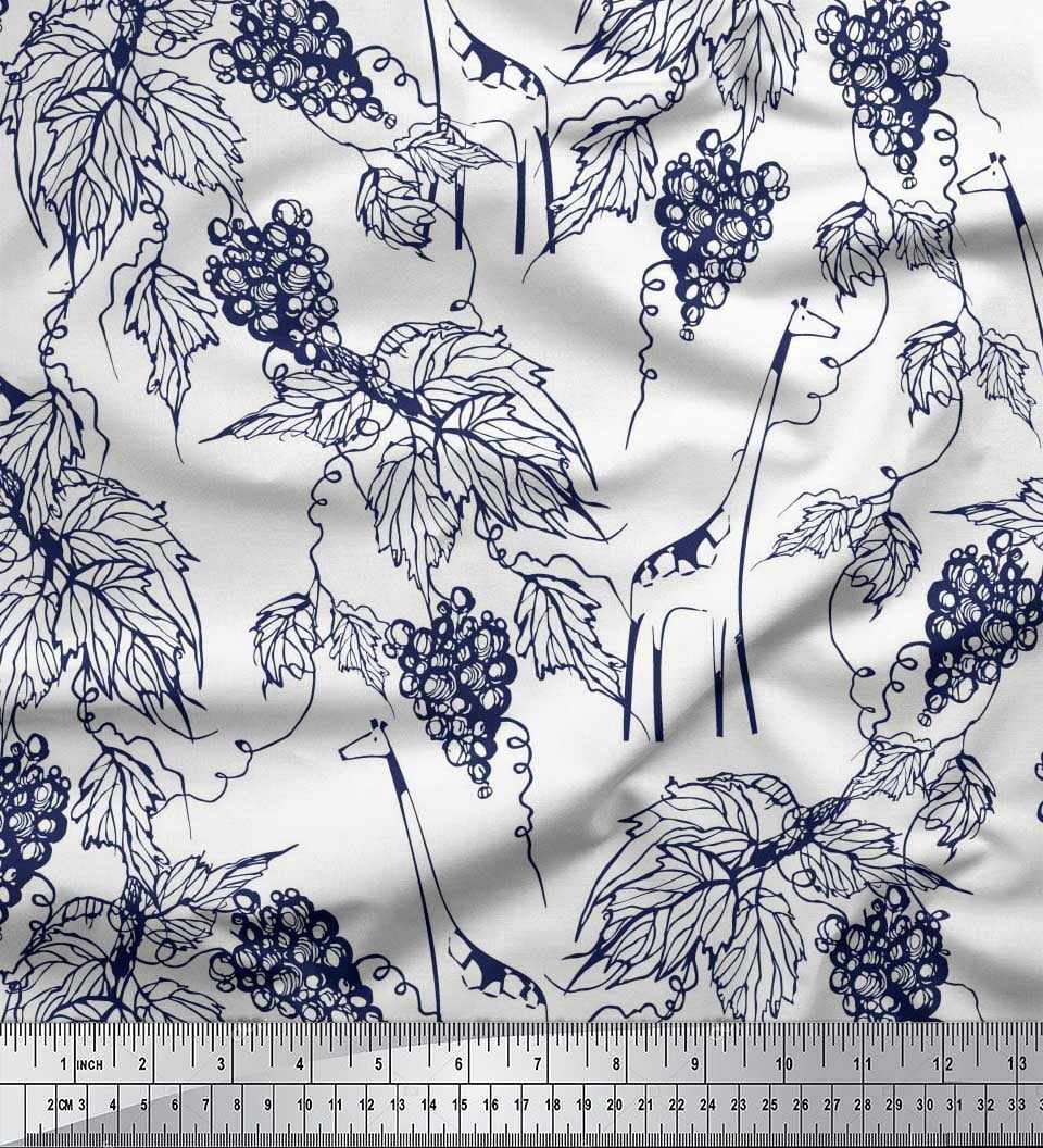 Soimoi White Silk Fabric Leaves,Grapes & Giraffe Animal Print Fabric by ...