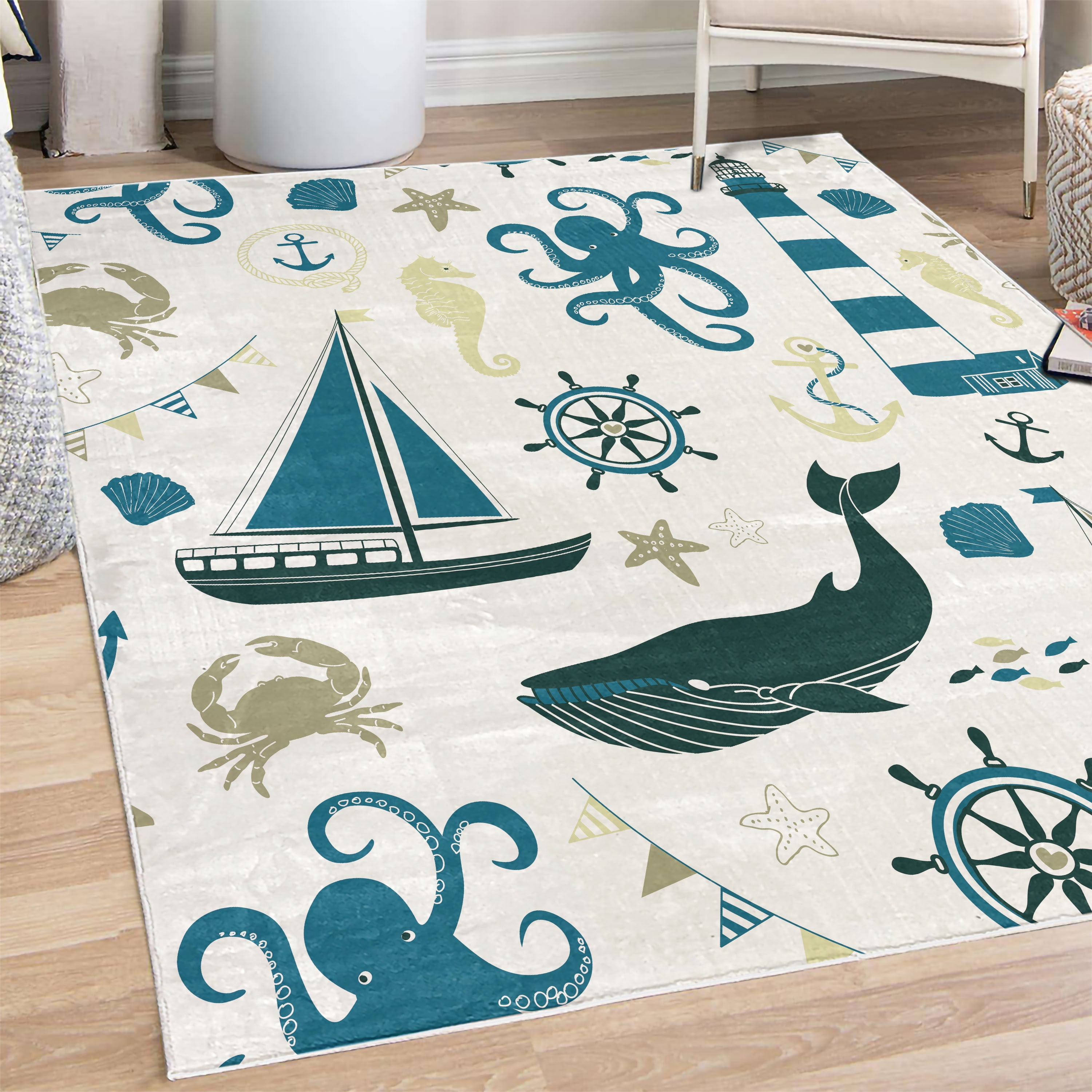 Nautical Decorative Rug, Pastel Colored Composition of Lighthouse ...