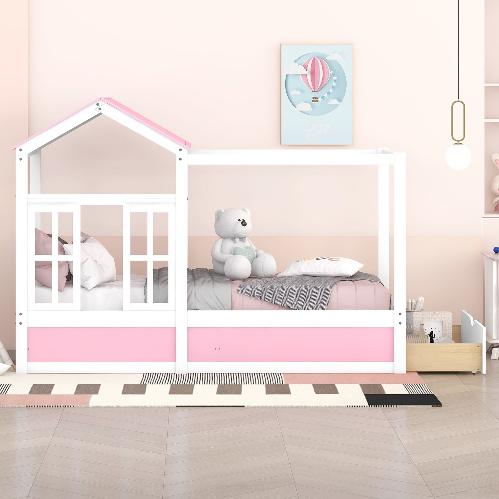 House Bed with Storage Drawer, Window and Roof, Twin Size Wood Bed ...