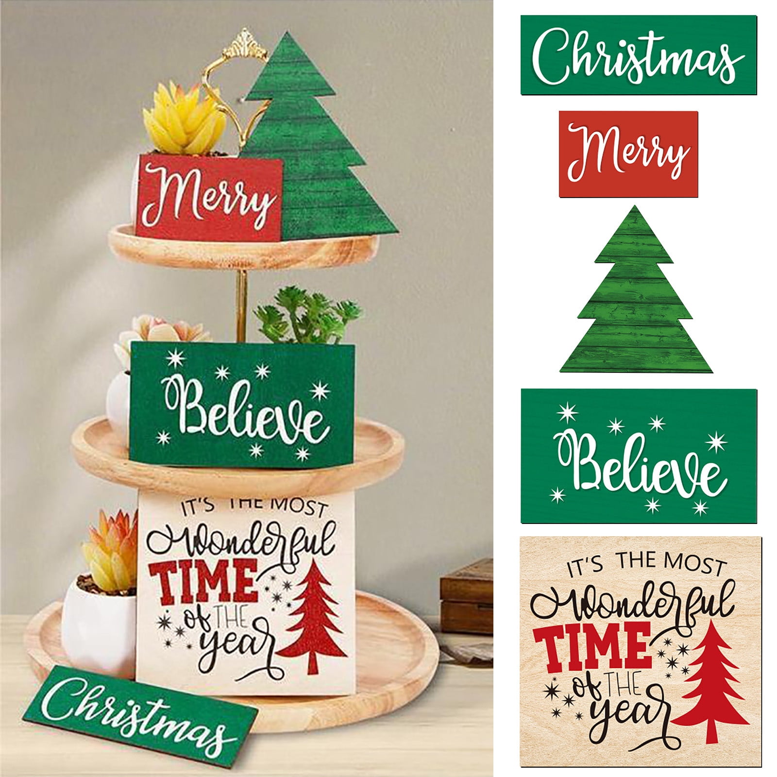 Dvkptbk Christmas Ornaments Tray Wooden Sign Table Top Decoration Party ...