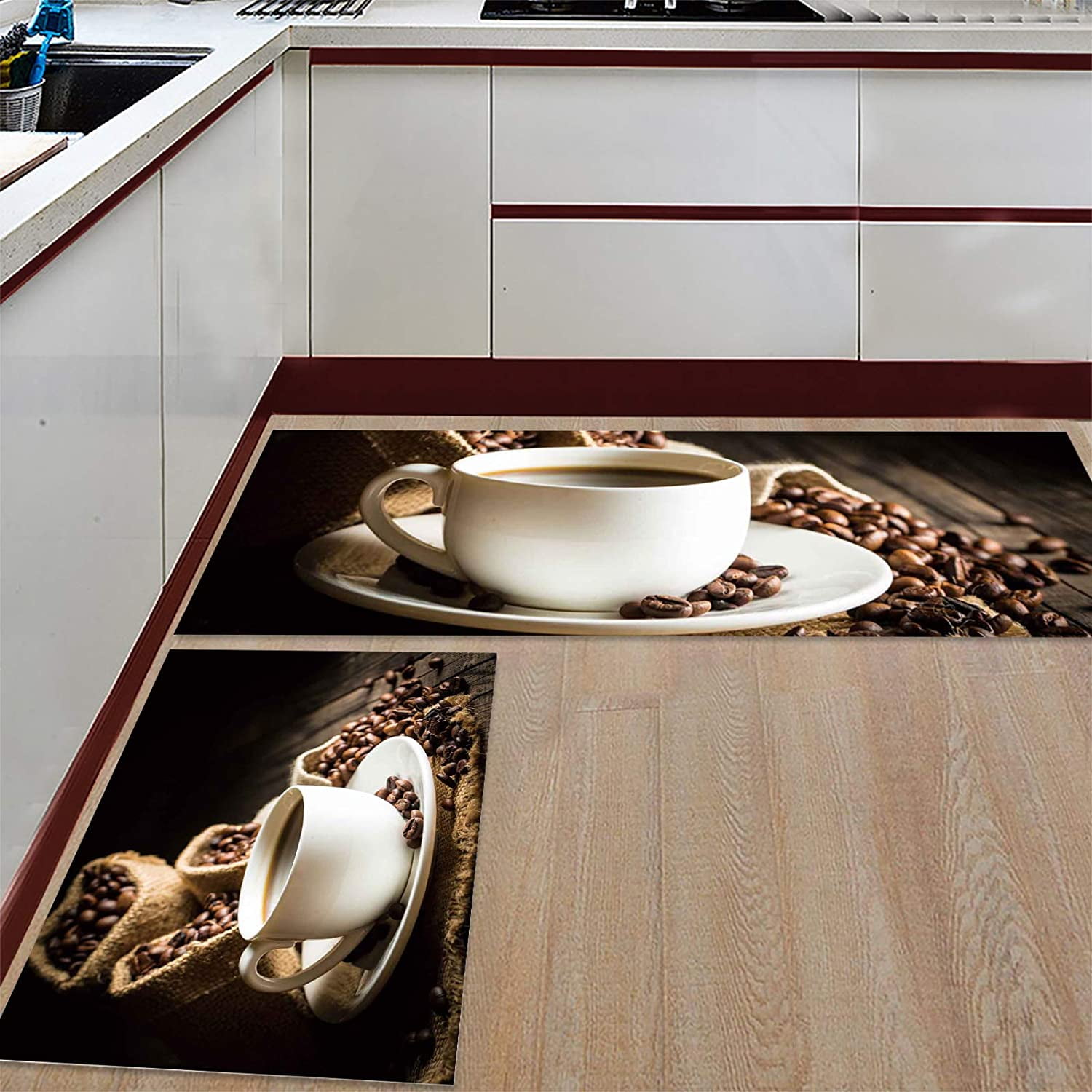 2 Piece Absorbent Kitchen Rugs and Mats Coffee Cup and Coffee Beans ...