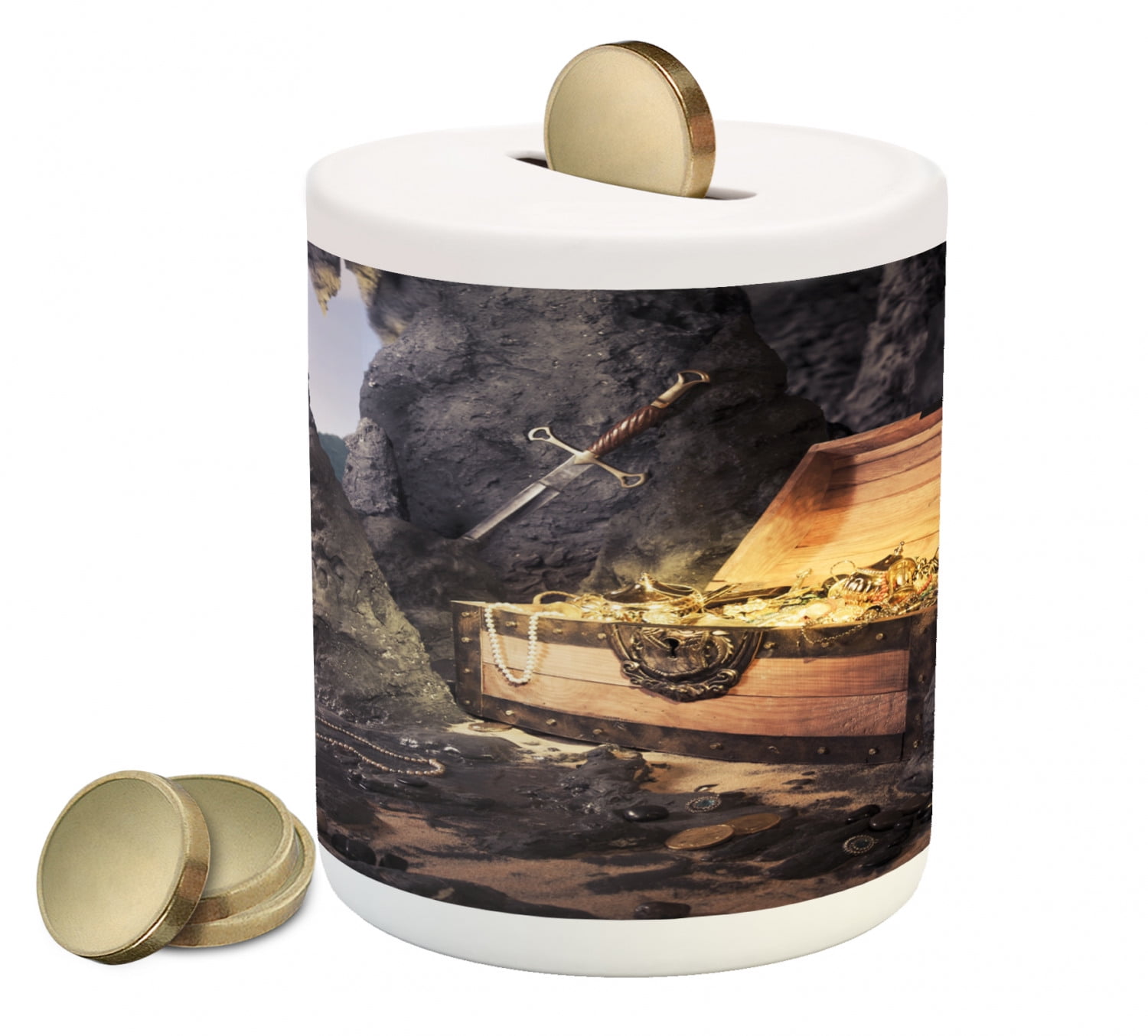 Fantasy Piggy Bank, Open Treasure Chest with Gold Coins in Cave Pirate ...