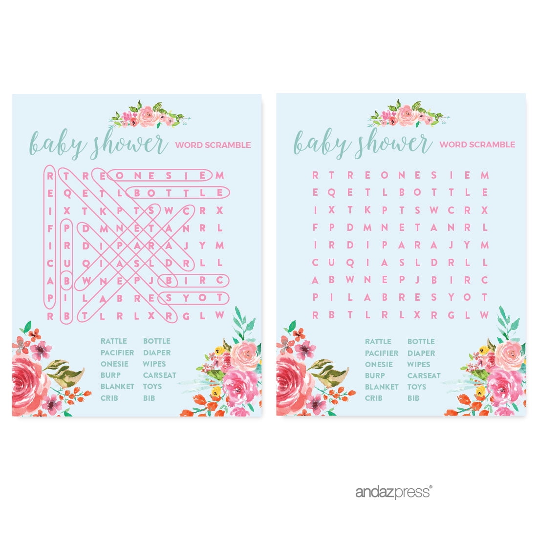 Baby Shower Pink Roses English Tea Party, Word Search Baby Shower Game ...