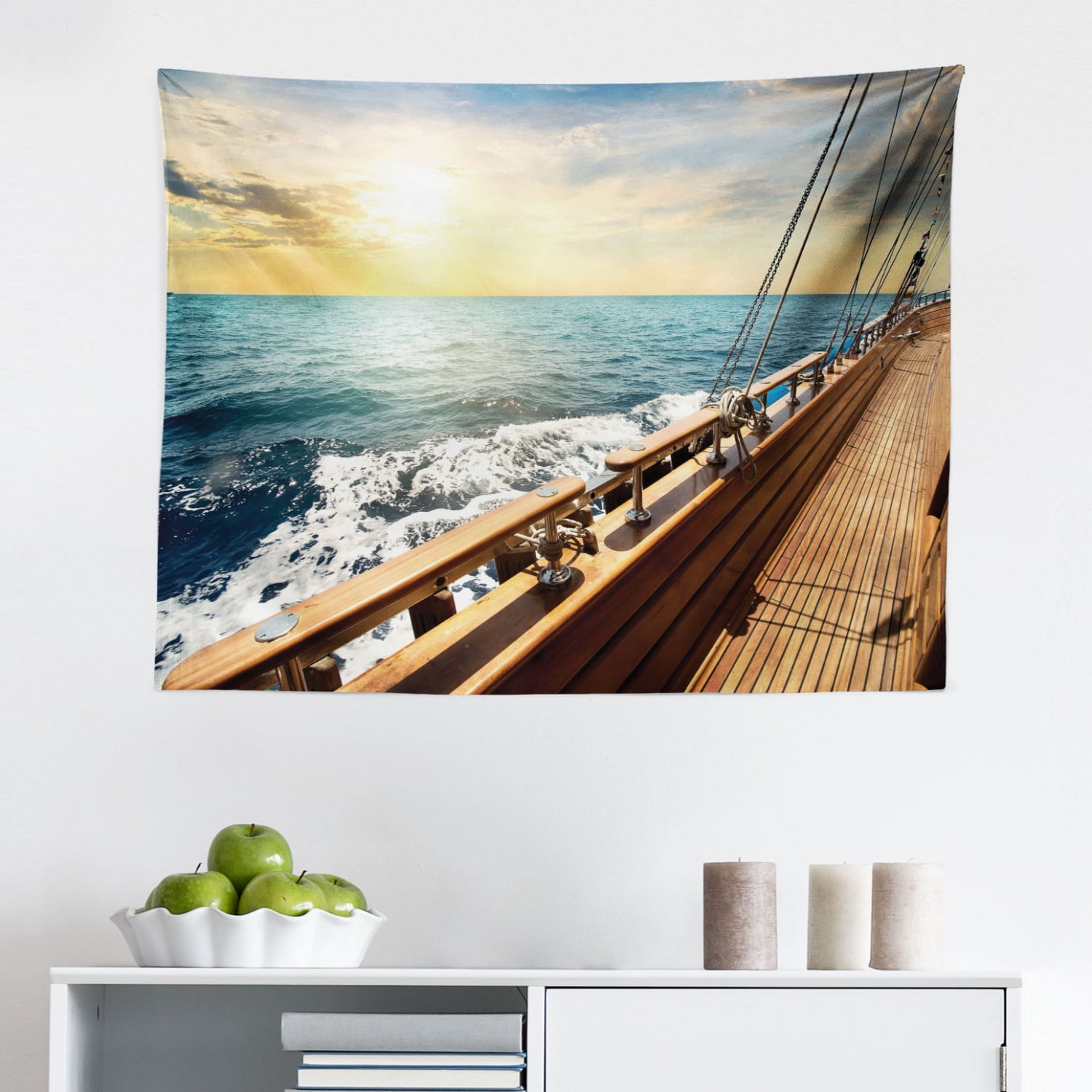Nautical Tapestry, Vivid Ocean Back with Paint Effects with Wind Rose ...