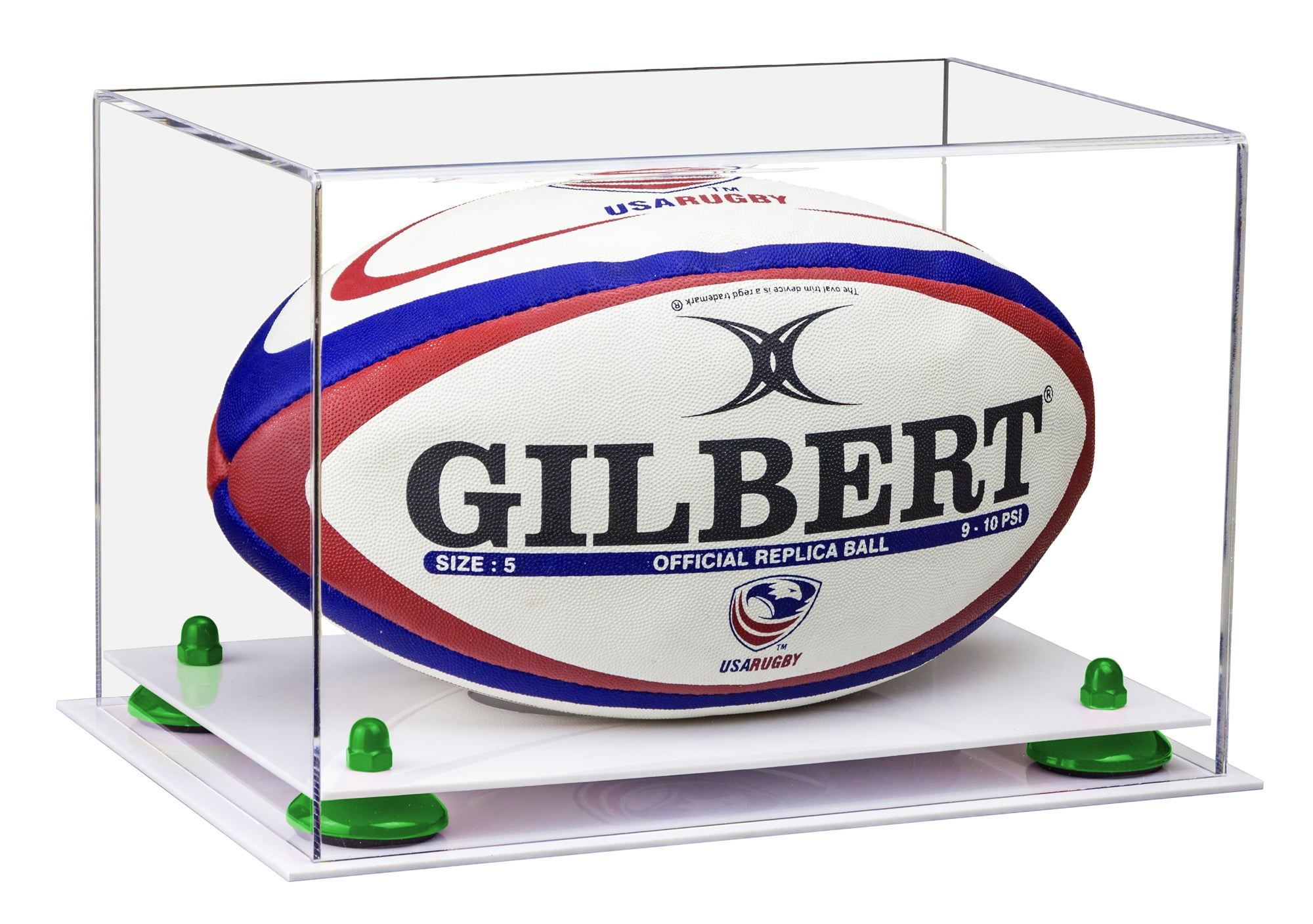 Clear Acrylic Rugby Ball Display Case with Green Risers and White Base ...
