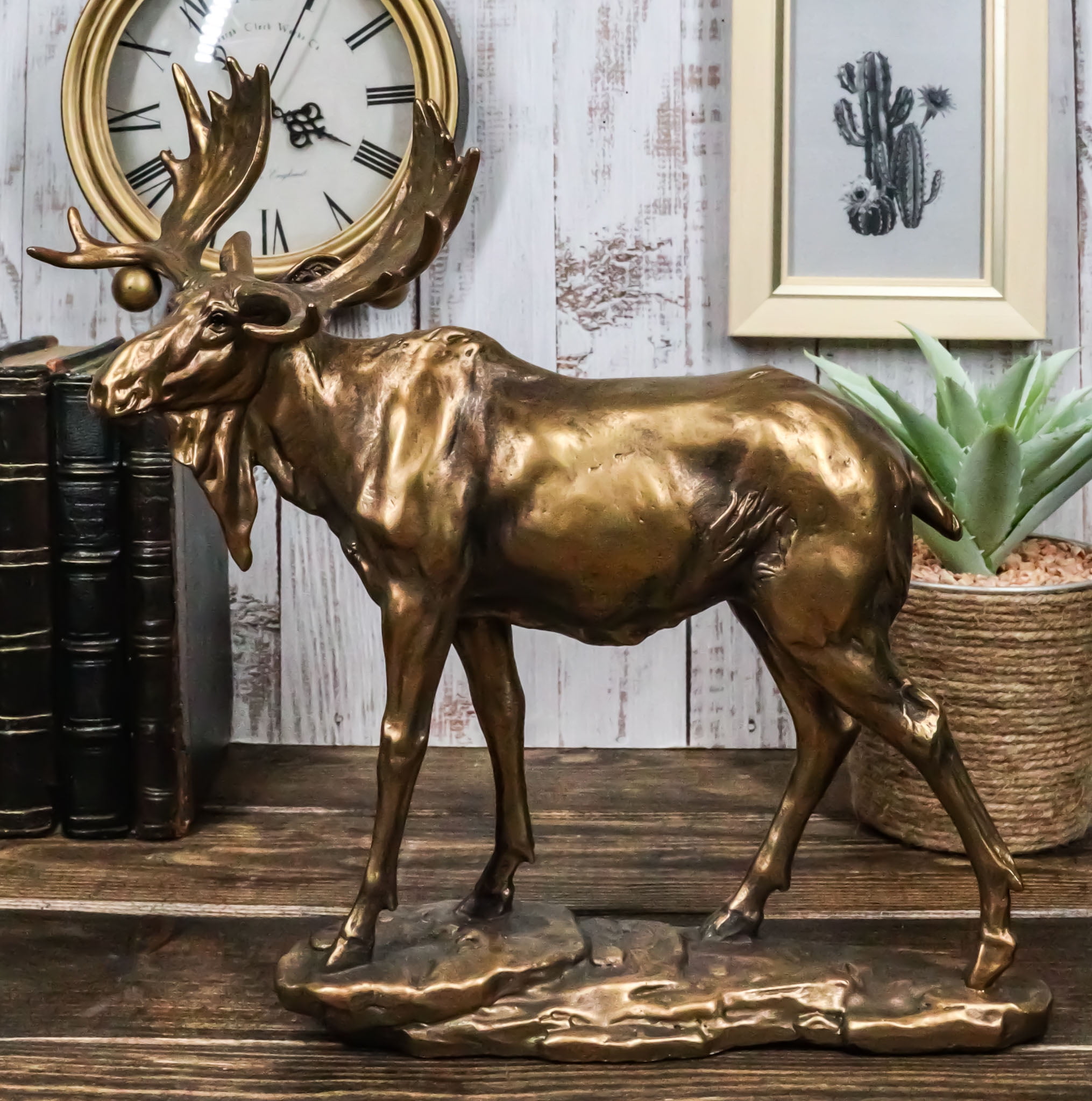 Realistic Large Bull Moose Statue In Gold Patina 11" W Rustic Elk Deer ...