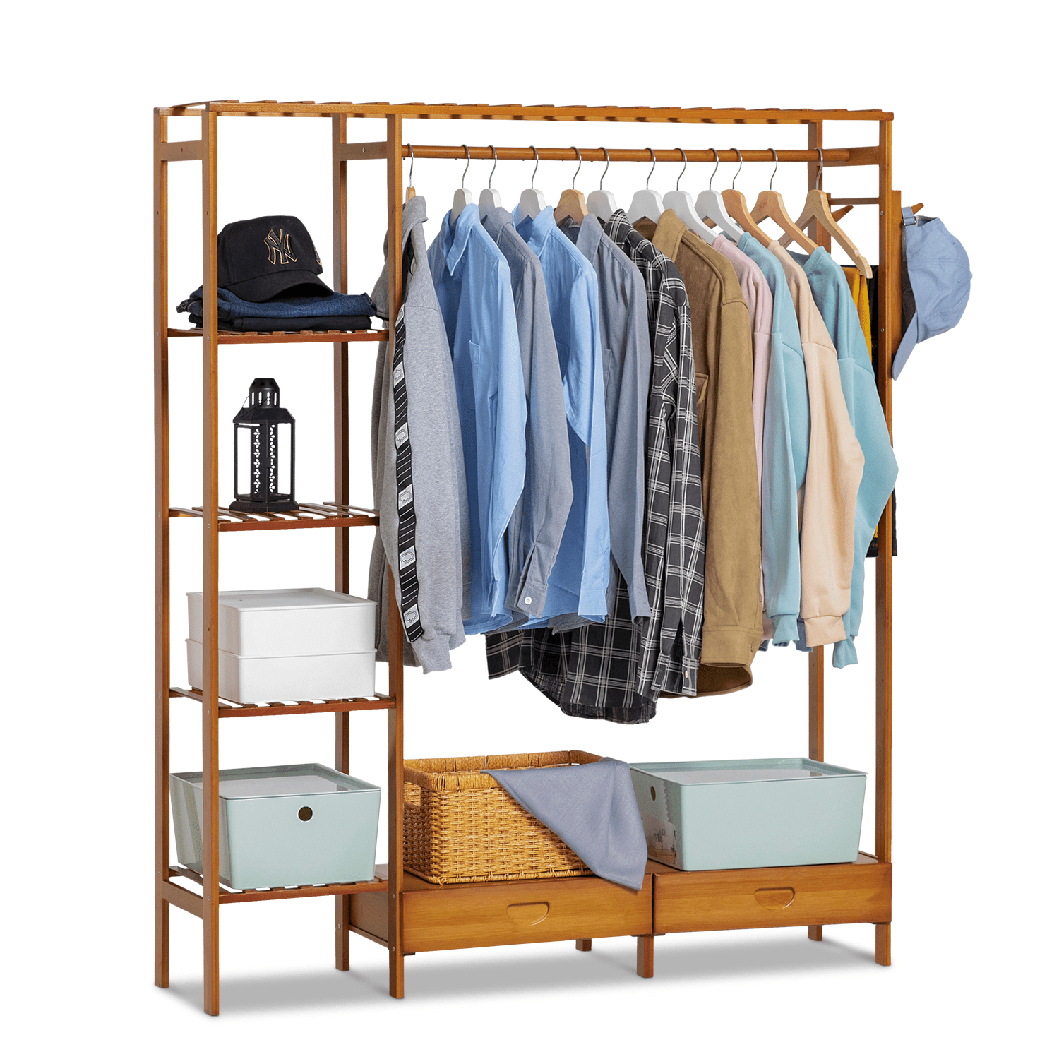 Magshion Bamboo 5 Tiers 2 Drawers Closet Organizer, with Hanging Rob ...