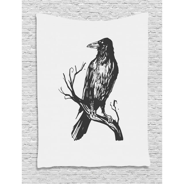 Black Crow Tapestry, Monochromatic Design of Bird on Bare Branch ...