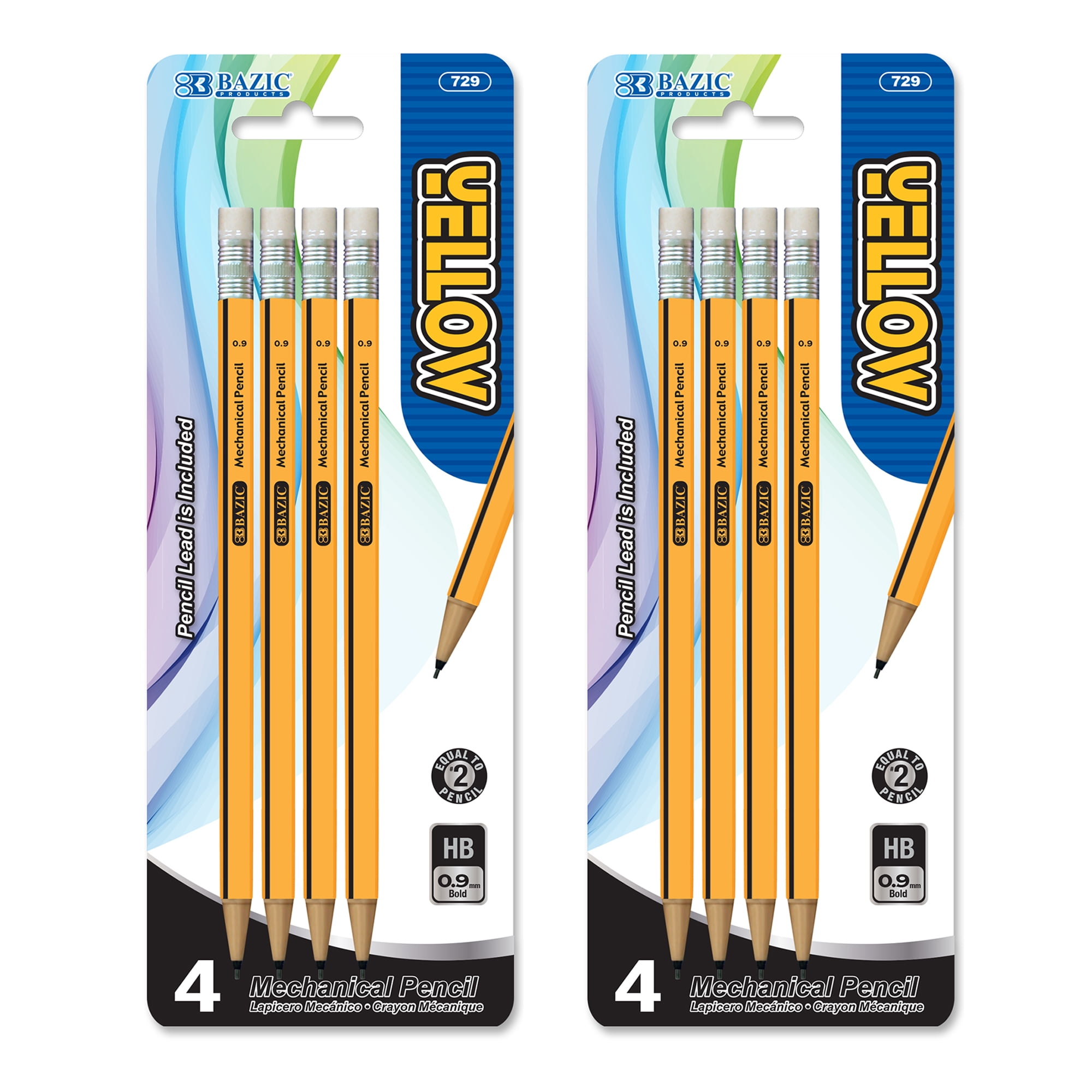 BAZIC Yellow Mechanical Pencil 0.9mm HB, Latex Free Eraser (4/Pack), 2 ...