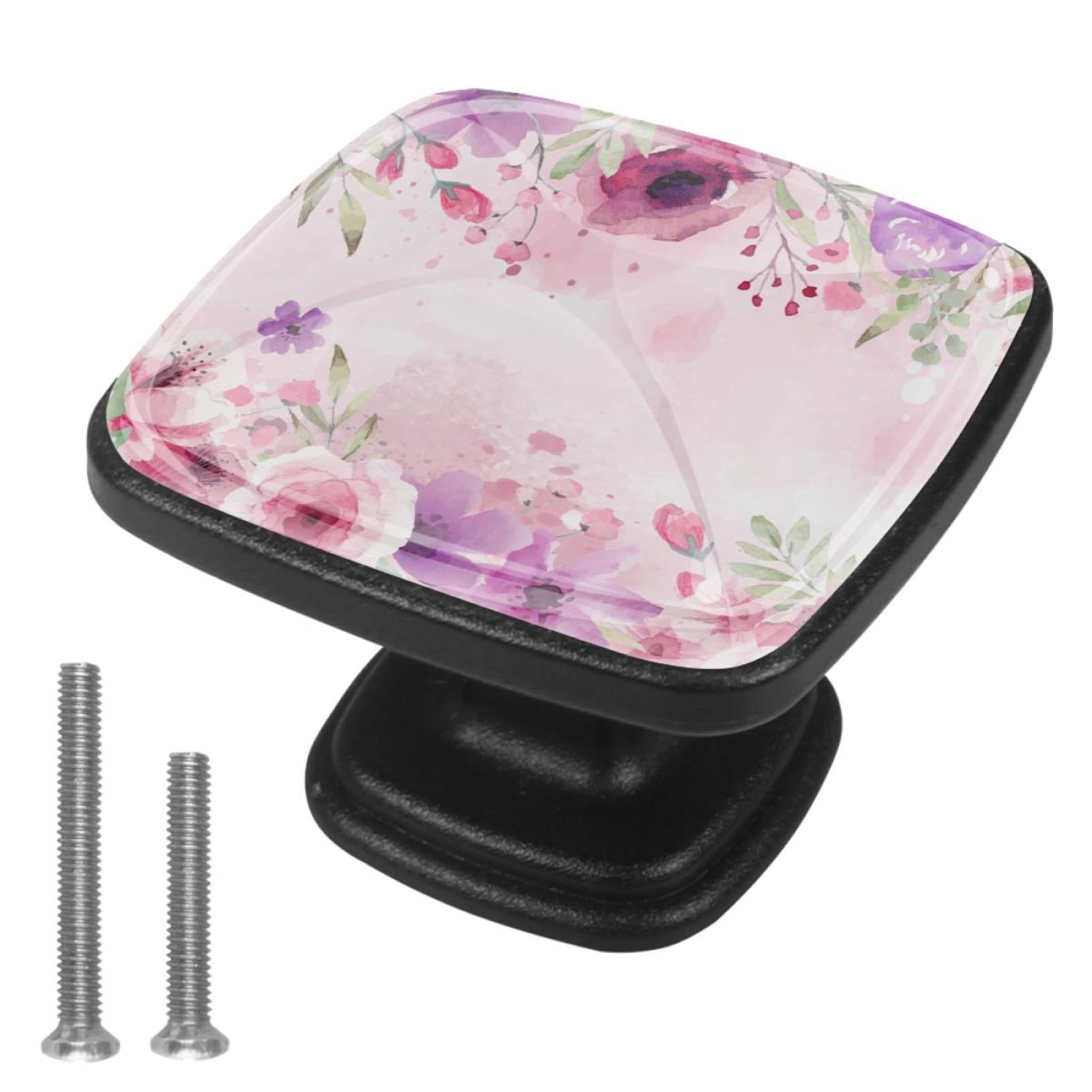 4 Pcs Cabinet Handle Drawer Pulls Beautiful Pink Flowers Knobs with Screws Square Furniture ...