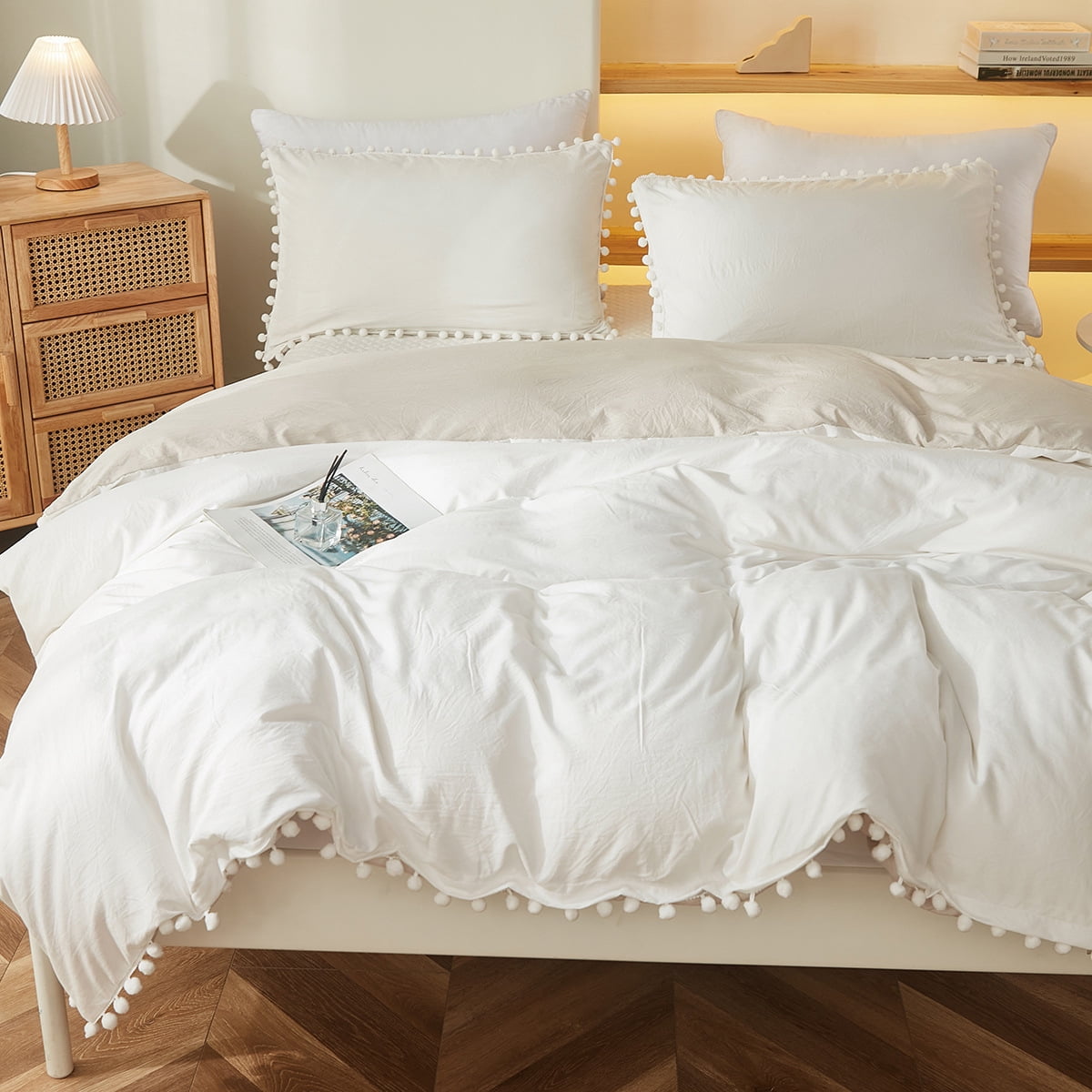 Bedding two-sided white and beige Pom Pom Boho Chic Bedding Washed ...