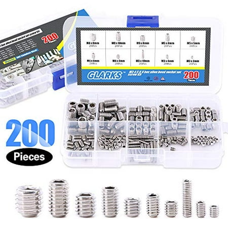 Glarks 200-Piece M3 4 5 6 8 Hex Allen Head Socket Set Screw Assortment ...