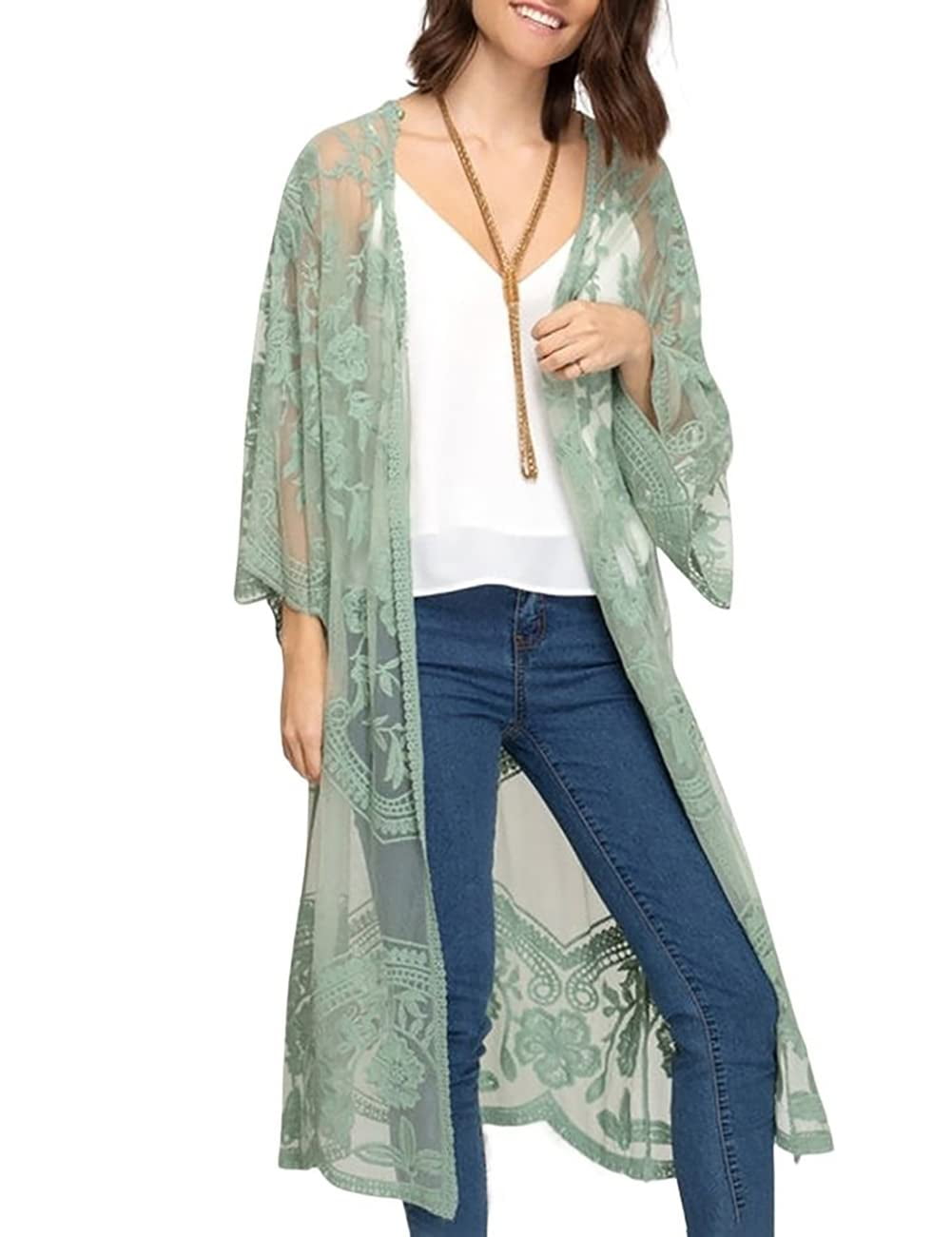 Bsubseach Women Swimsuit Cover Up Mesh Lace Kimono Cardigan Open Front