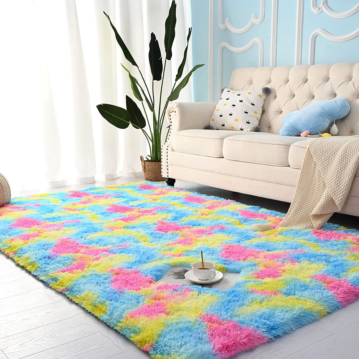 Junovo Shaggy Tie Dye Rugs for Girls Living Room Nursery Kids, Fluffy ...