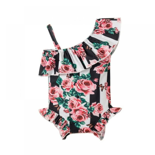 Toddler Baby Girl Swimsuit One Shoulder Ruffle Swimwear Floral Bikini ...