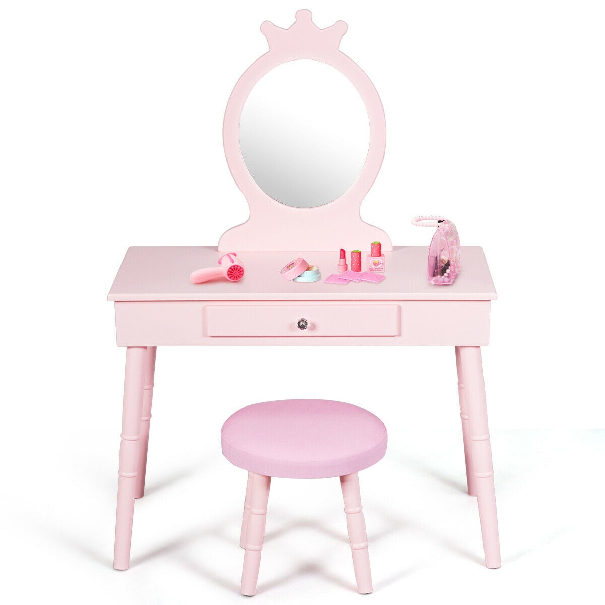 Gymax Kids Vanity Makeup Table & Chair Set Make Up Stool Play Set for ...