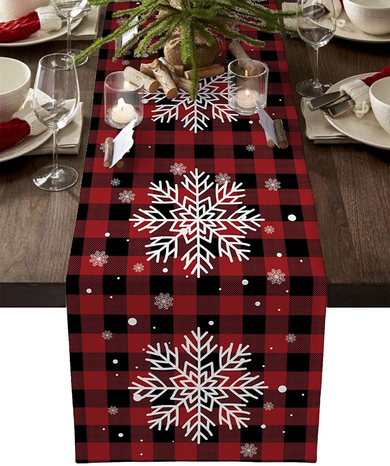 JOOCAR Christmas table runner, red and black Buffalo plaid snowflake ...