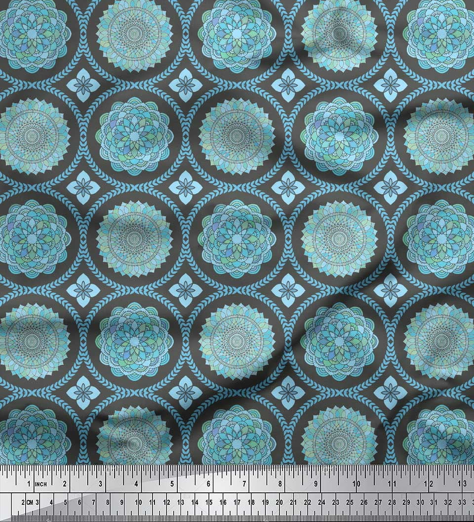 Soimoi Gray Modal Satin Fabric Blue Mandala Print Fabric by the Yard 42 ...