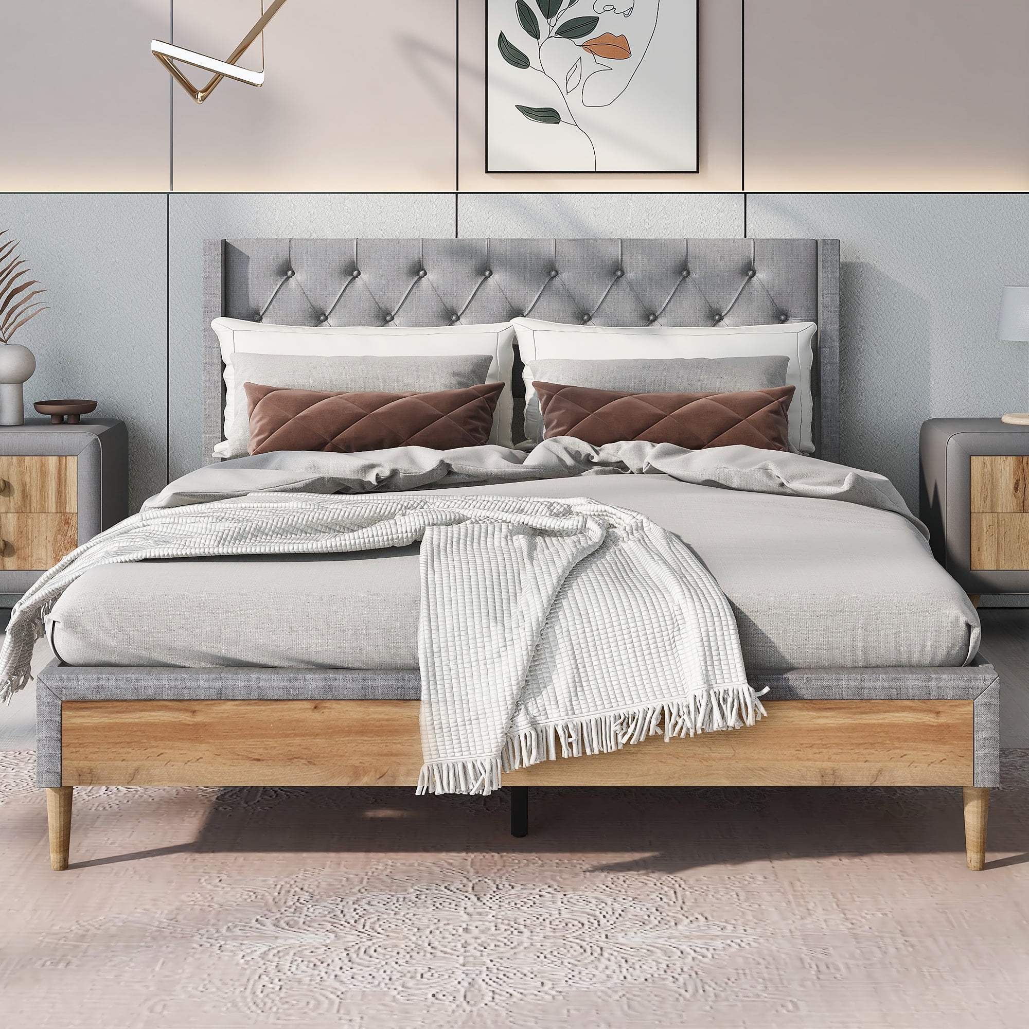 Upholstered Platform Bed Frame with Rubber Wood Legs, Modern ...