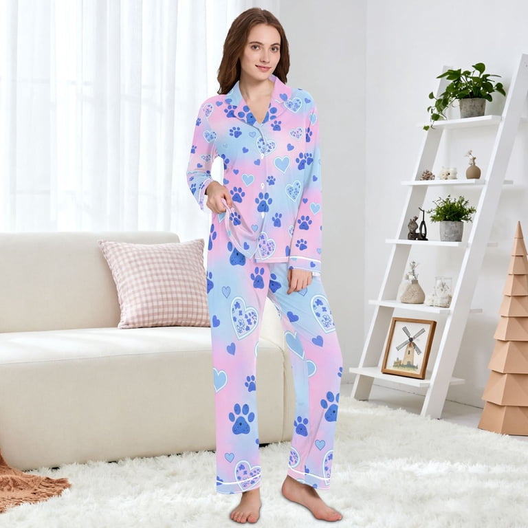 Rainbow Background Paw Prints Pattern Women Pajama Set Soft Notch ...