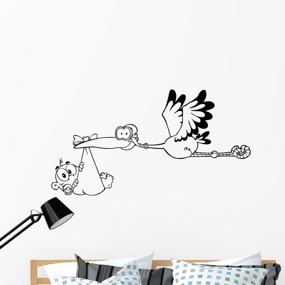 Outlined Stork Delivering Newborn Wall Decal Mural by Wallmonkeys Vinyl ...