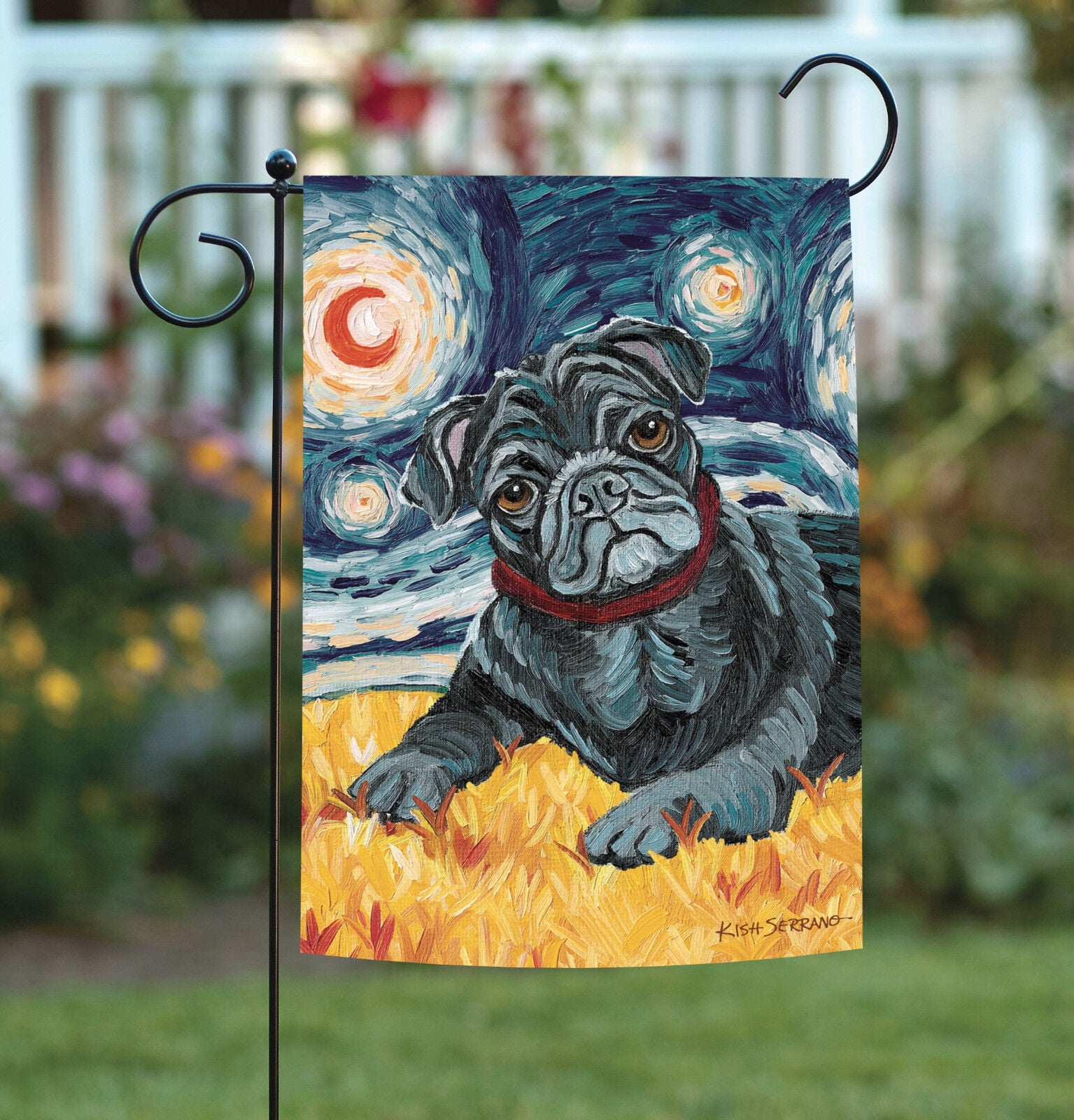 Van Growl Black Pug 12x18 Starry Night Puppy Dog Portrait Garden Flag ...