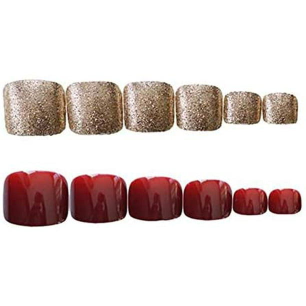 24Pcs Glitter False Toenails with Design French Fake Toenails Acrylic ...