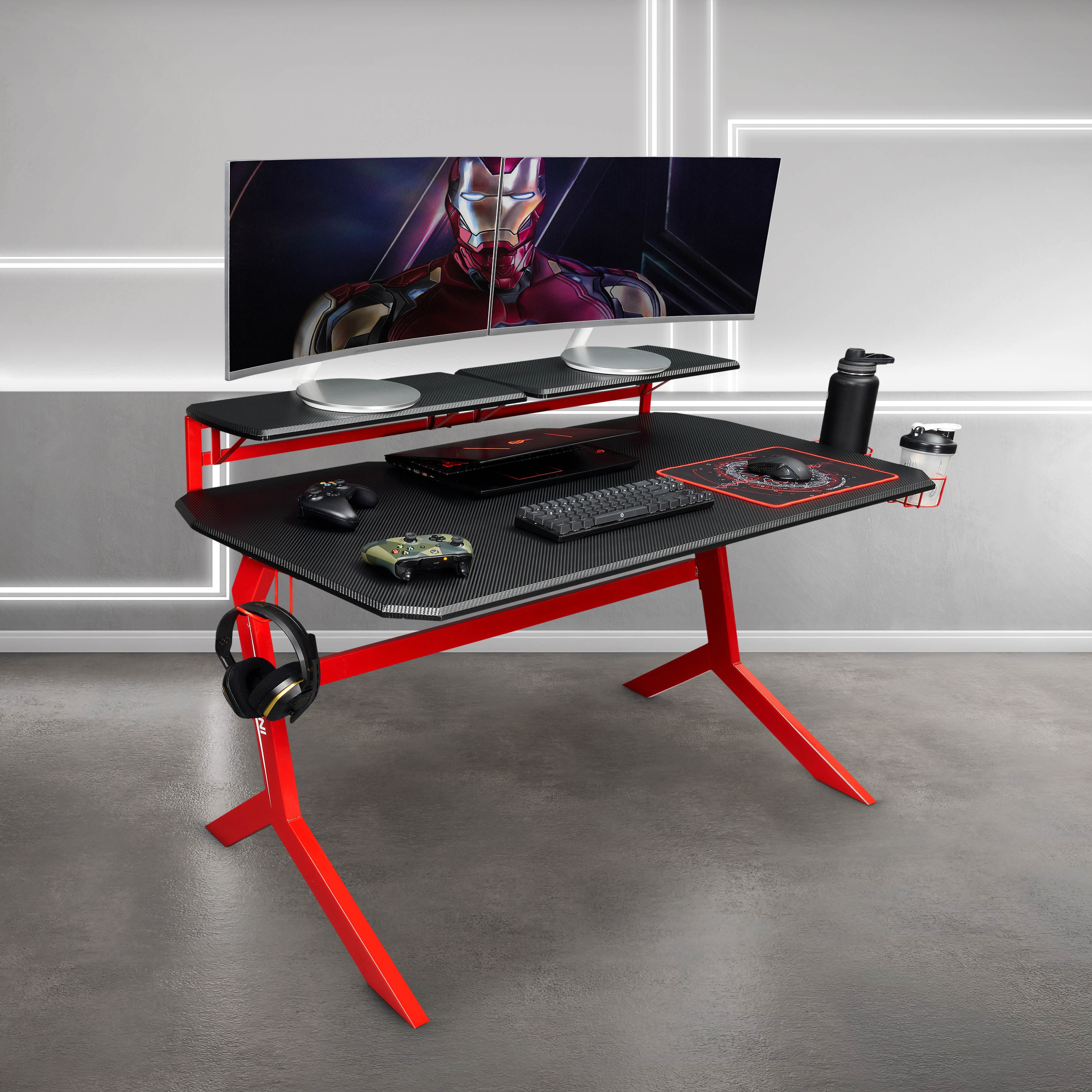 Techni Sport Red Stryker Gaming Desk with Headphone Holder and Shelving ...