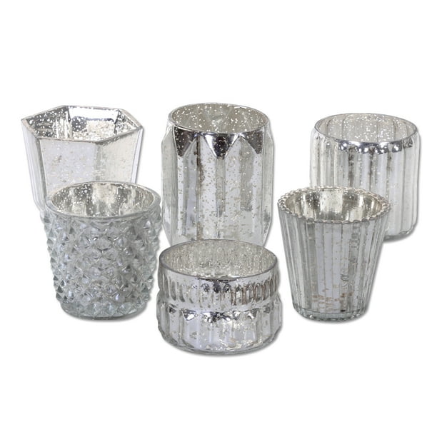 Koyal Wholesale Silver Mixed Mercury Glass Candle Holders 6−pack