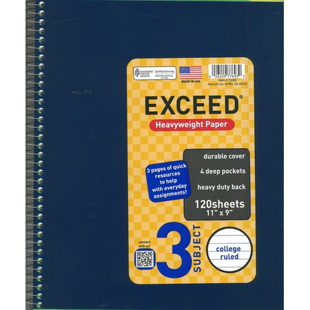 Exceed 3 Subject 120 Sheets Notebook, Wide Ruled, 11" x 9" - Walmart.com