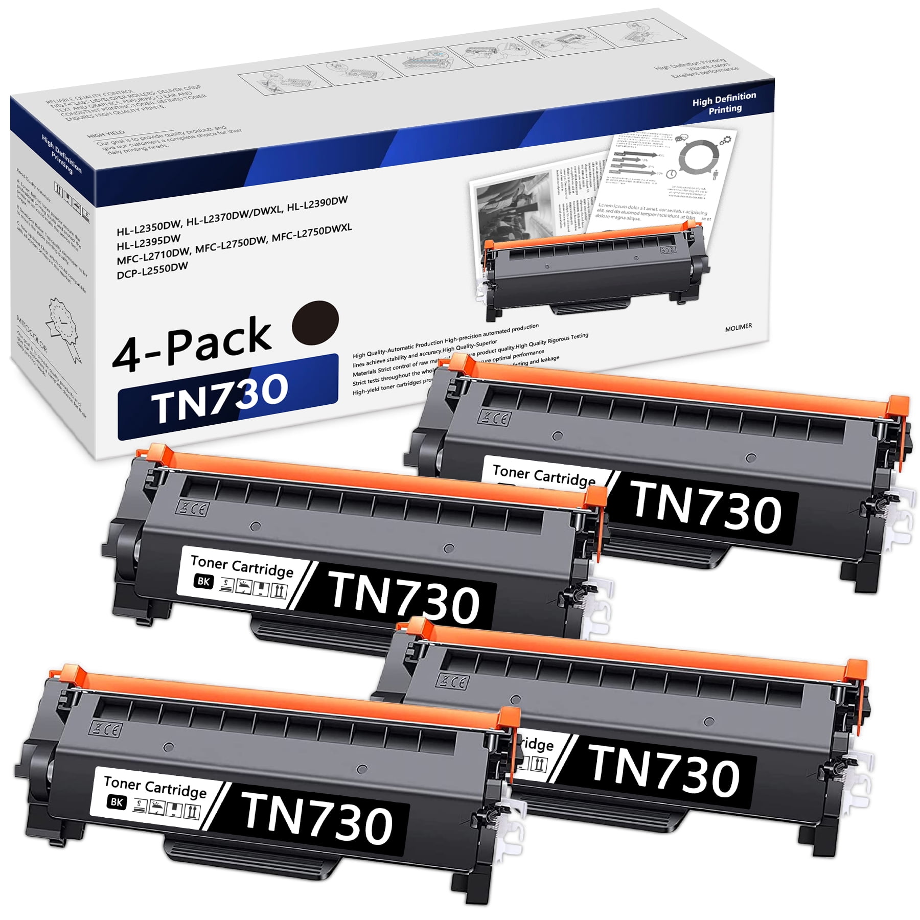 TN730 TN-730 Toner Cartridge 4 Pack Black Replacement for Brother TN ...
