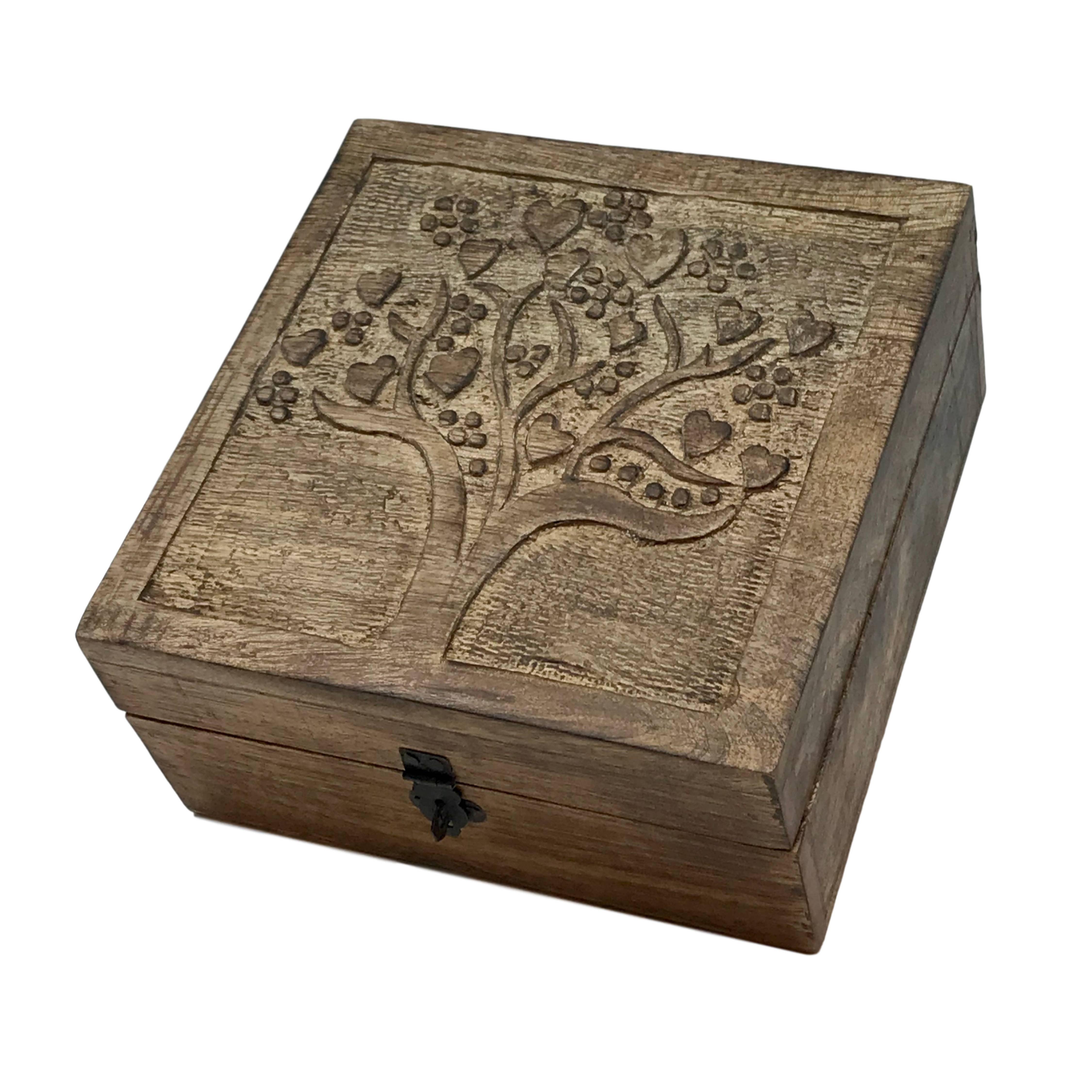 Hand Carved Tree of Love Hinged Square Table Box - Walmart.com
