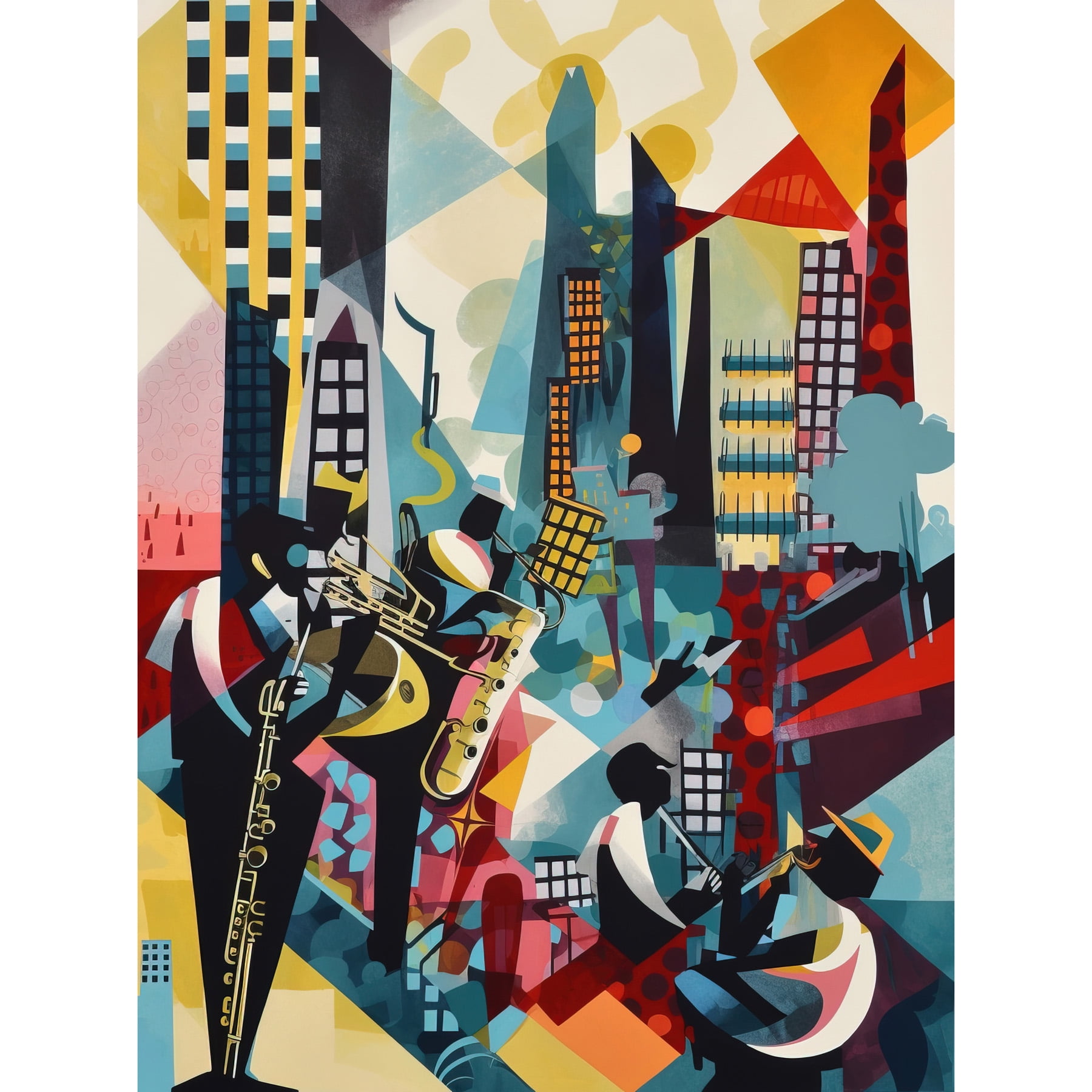 Jazz Musicians Playing on an Urban Landscape Rooftop Abstract Modern ...