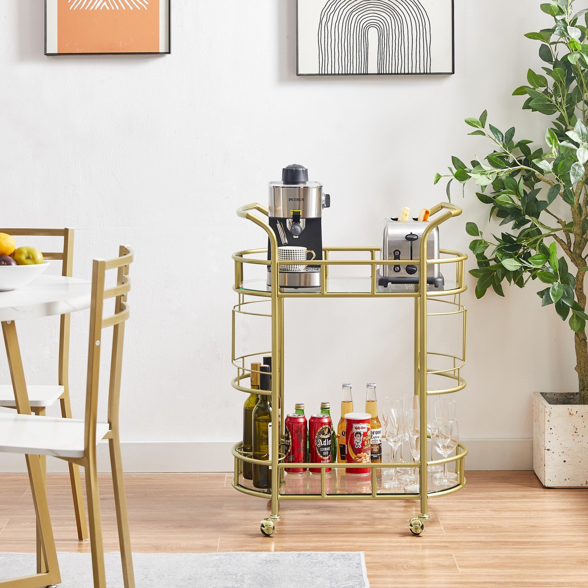 Bar food cart, 2 tier mobile mini bar, kitchen serving cart, metal and ...
