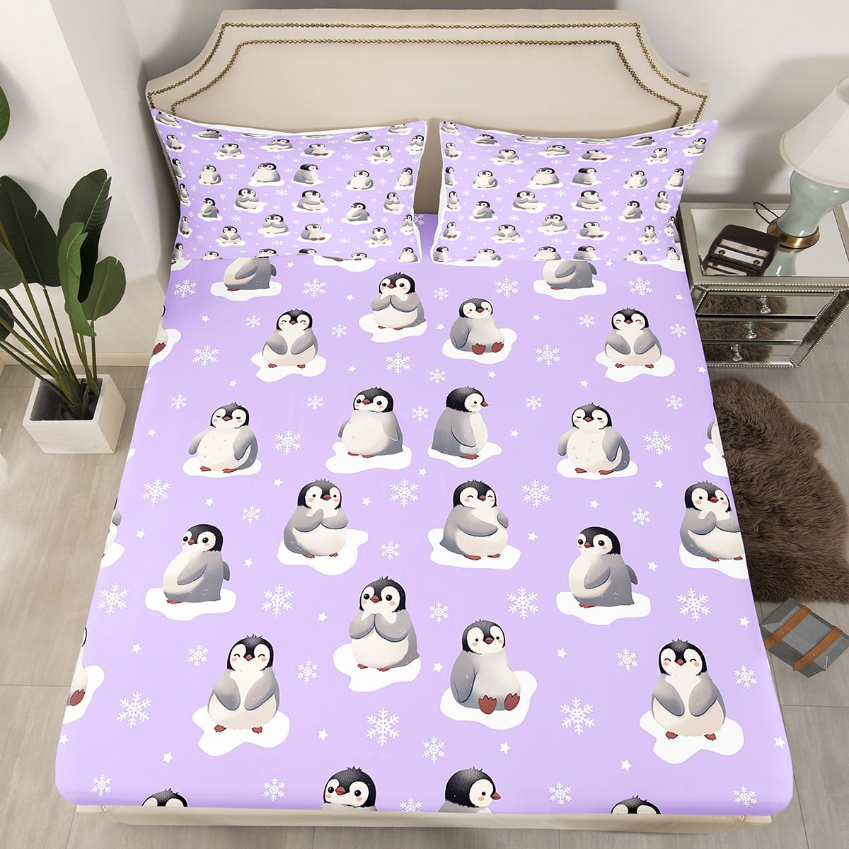 Click here for Yst Purple Penguin Fitted Sheet Twin Size  Cartoon... prices