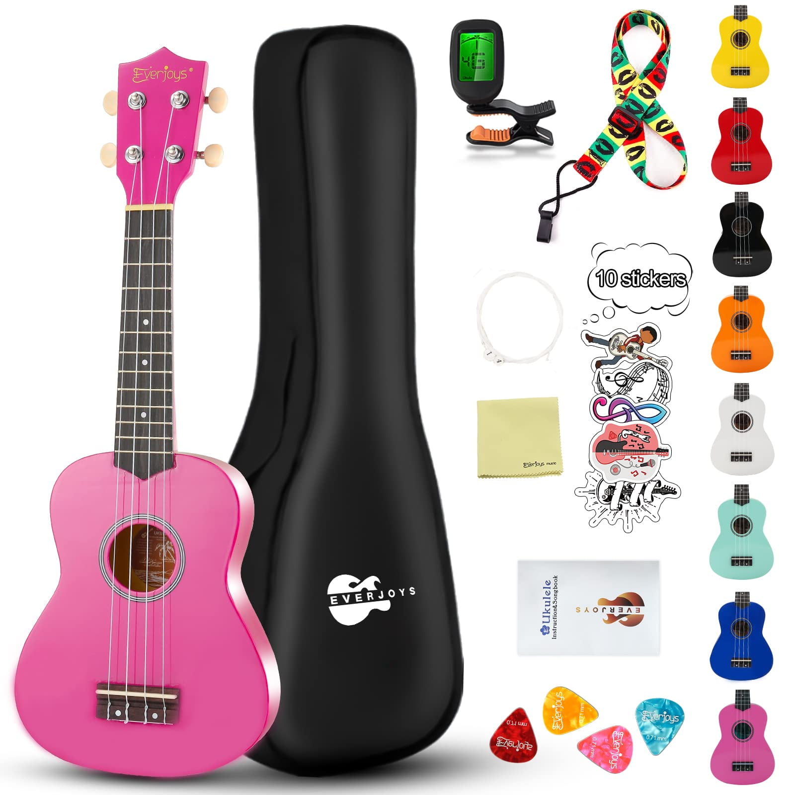 Everjoys 21" Soprano Ukulele Beginner Kit w/ Free Online Lesson, Gig ...
