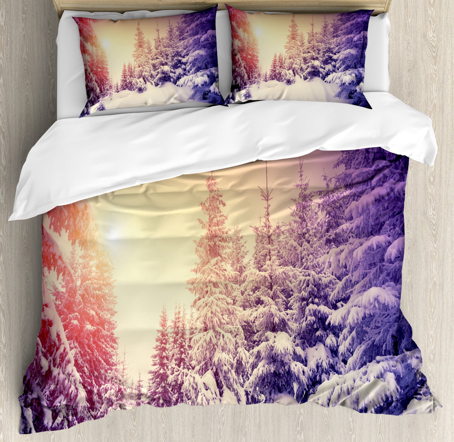 Winter Duvet Cover Set Queen Size, Dramatic Wintry Scene Idyllic ...