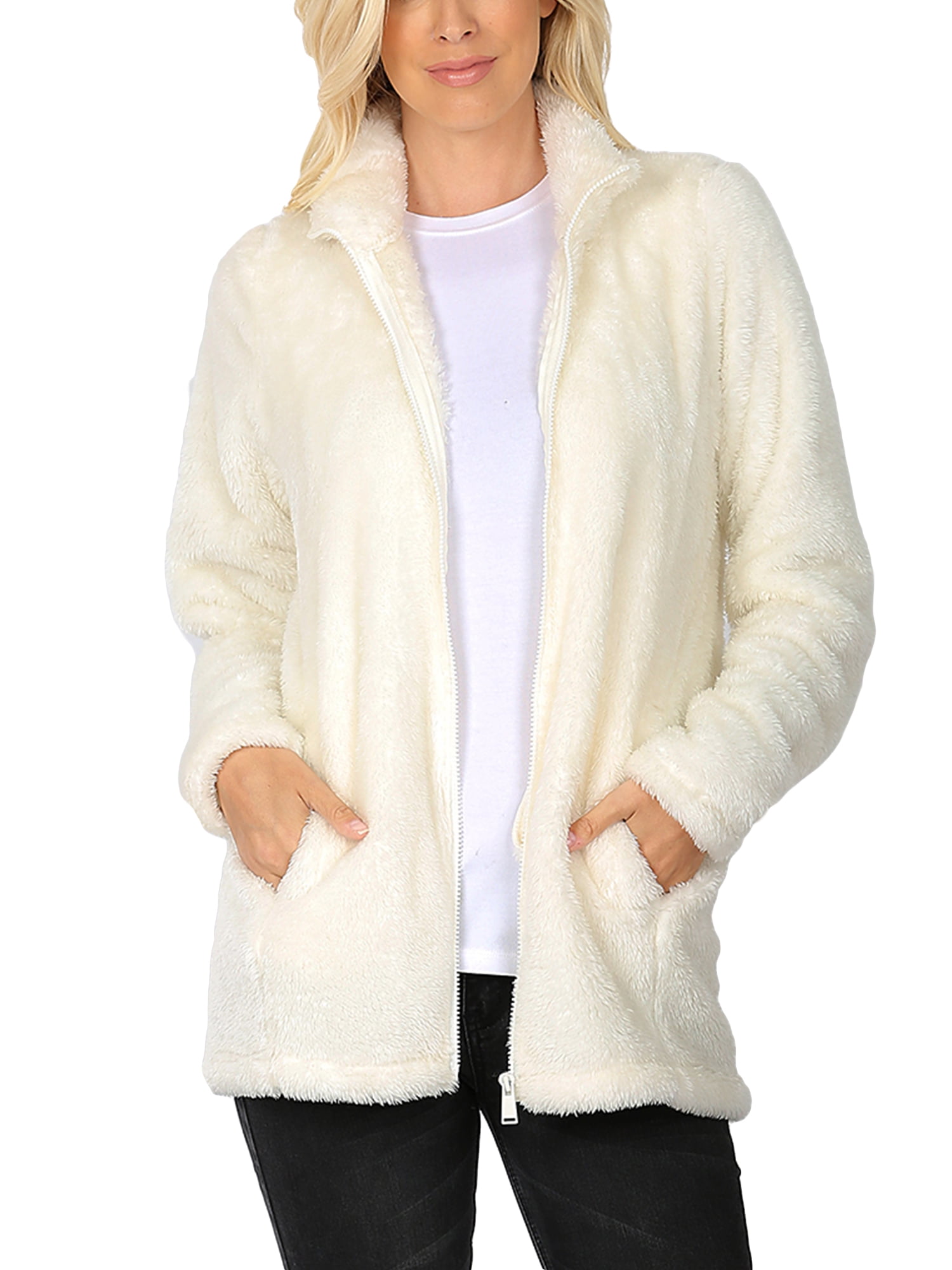 KOGMO Women's Soft Faux Fur Zip Up Jacket with Pockets Relaxed Fit ...