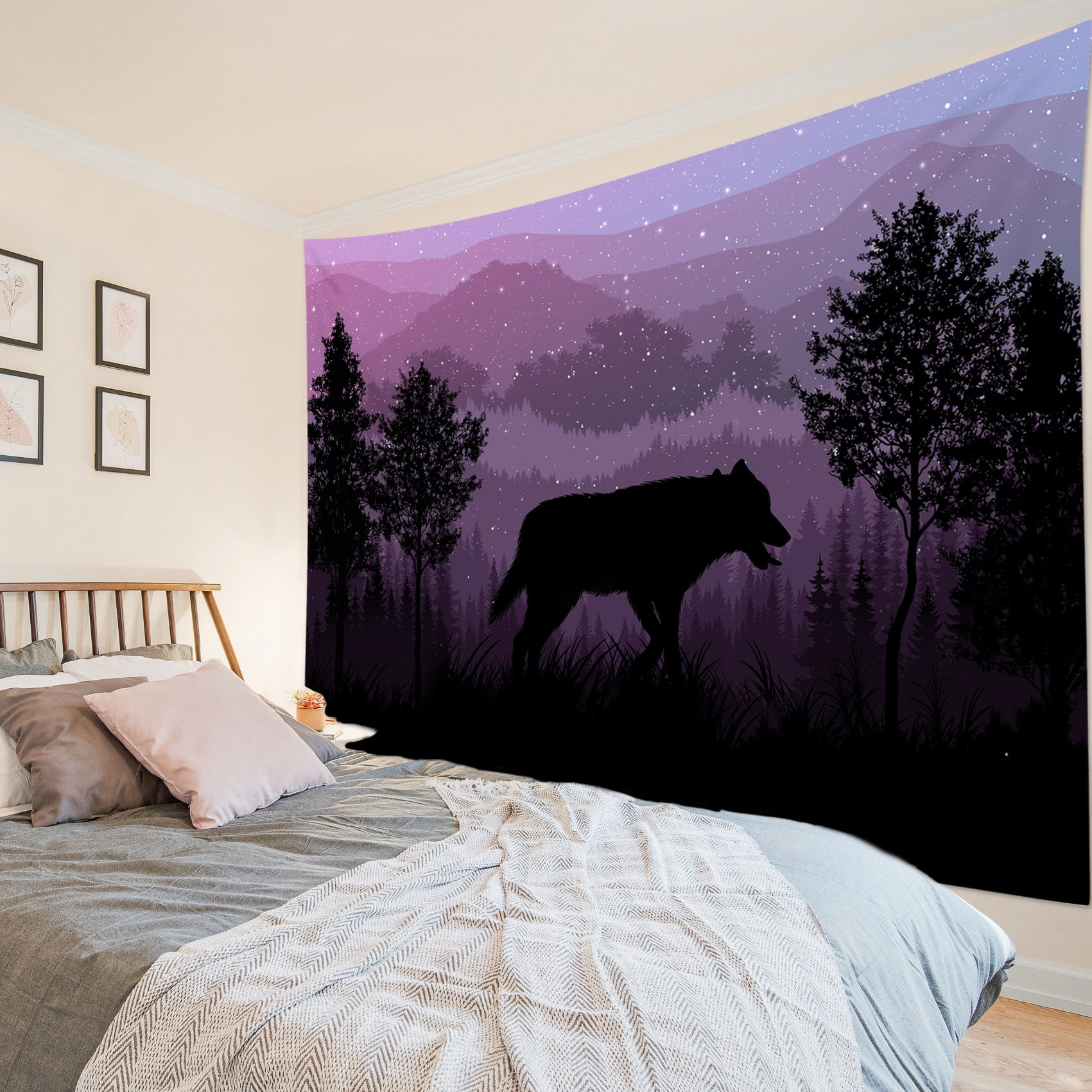 Jungle and Wolf Tapestry Wall Hanging Purple Starry Sky and Night ...