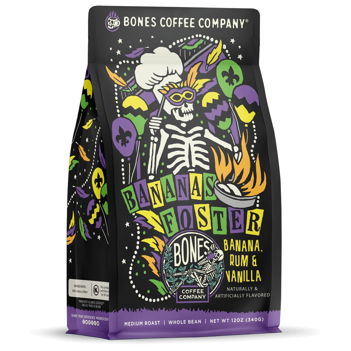 Bones Coffee Medium Roast Ground Coffee | 12 oz Bananas Foster Banana ...