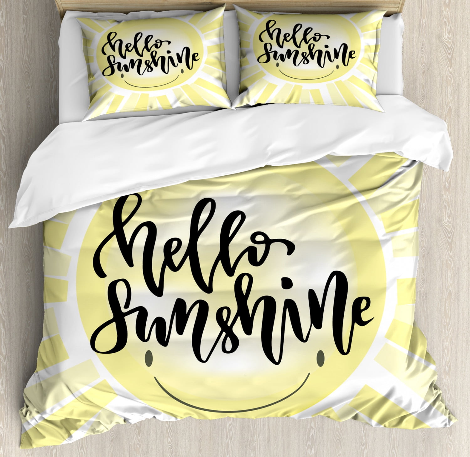 Hello Sunshine Duvet Cover Set Queen Size, Smiling Sun with Dark Toned ...